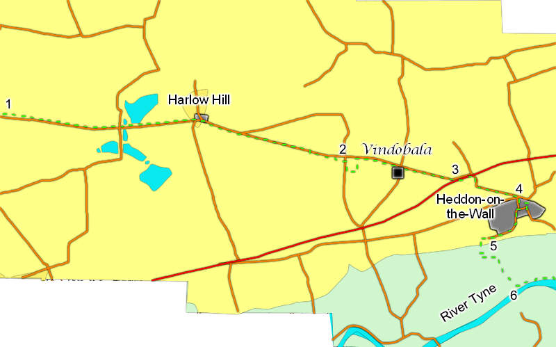 Map for Hadrian's Wall stage ten: Harlow Hill to Heddon-on-the-Wall